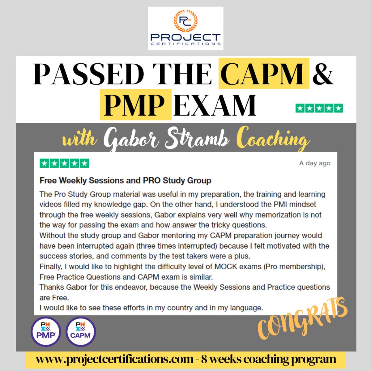 Congratulations — Gabor Stramb - 8wks CAPM & PMP Prep - Buymeacoffee