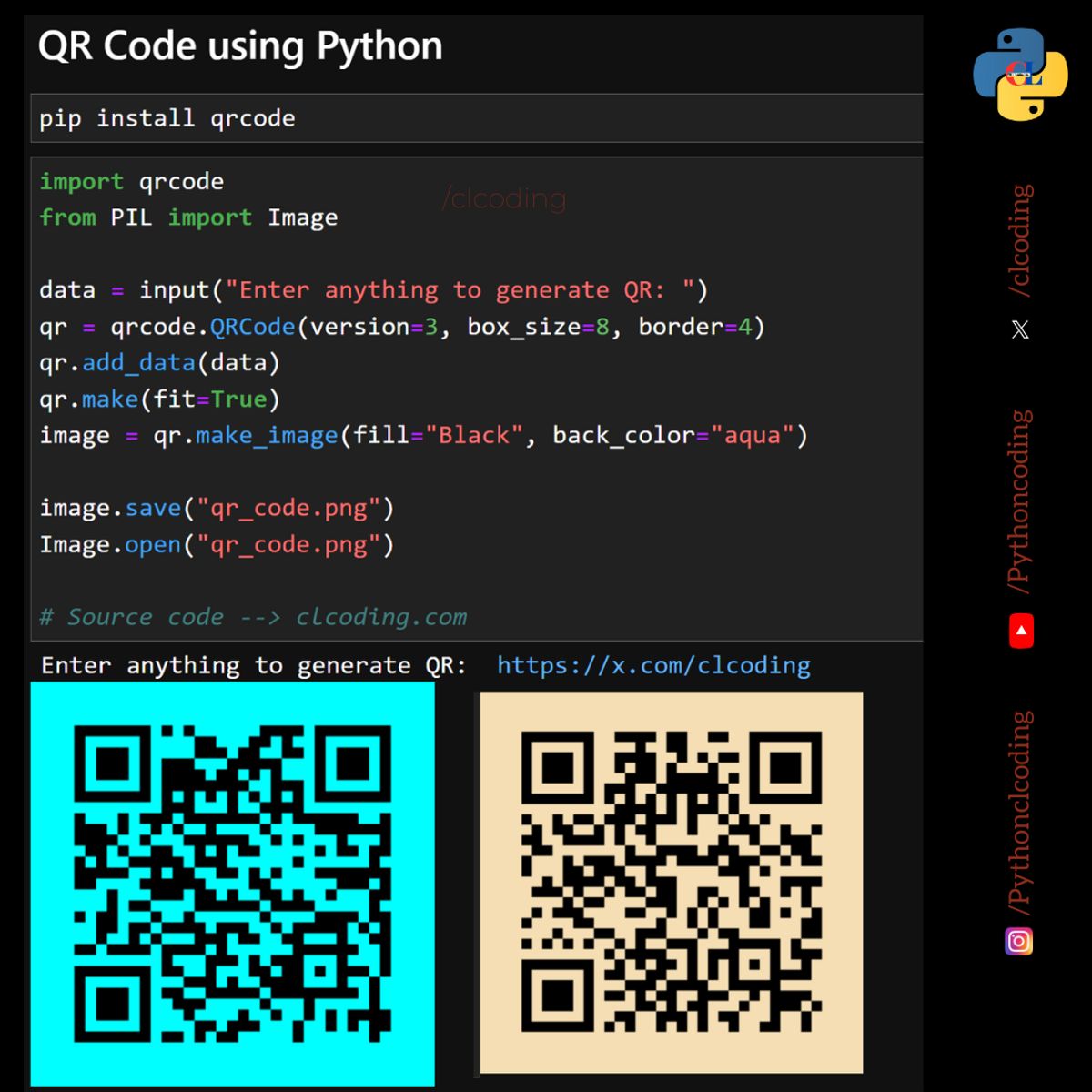 QR Code using Python — Python Coding (CLCODING) - Buymeacoffee