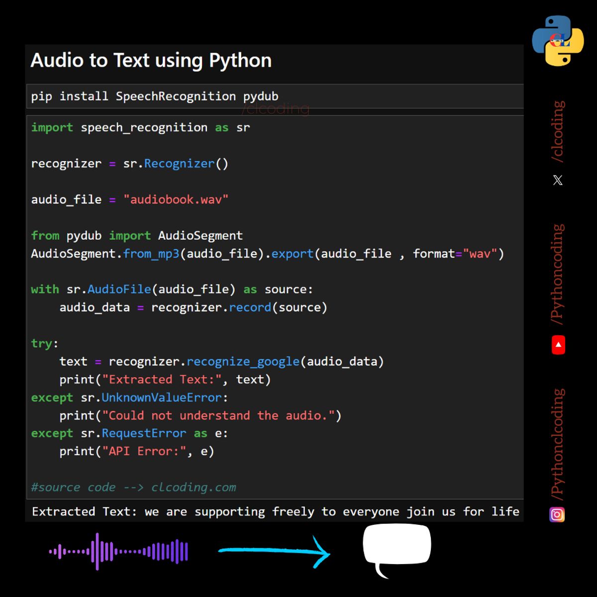 Audio to Text using Python — Python Coding (CLCODING) - Buymeacoffee