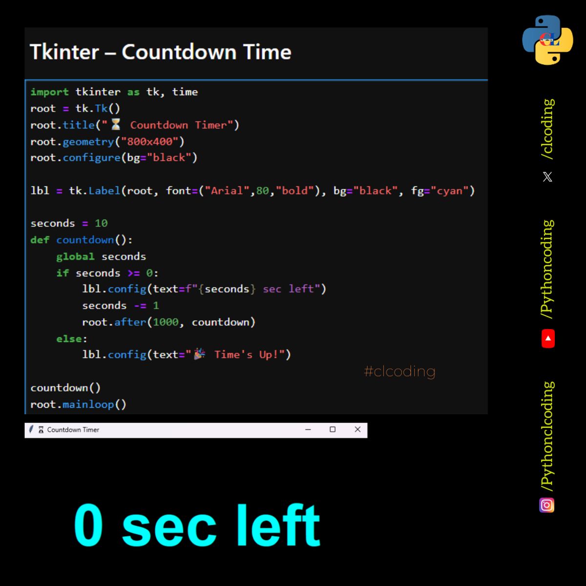Countdown Timer using Python — Python Coding (CLCODING) - Buymeacoffee