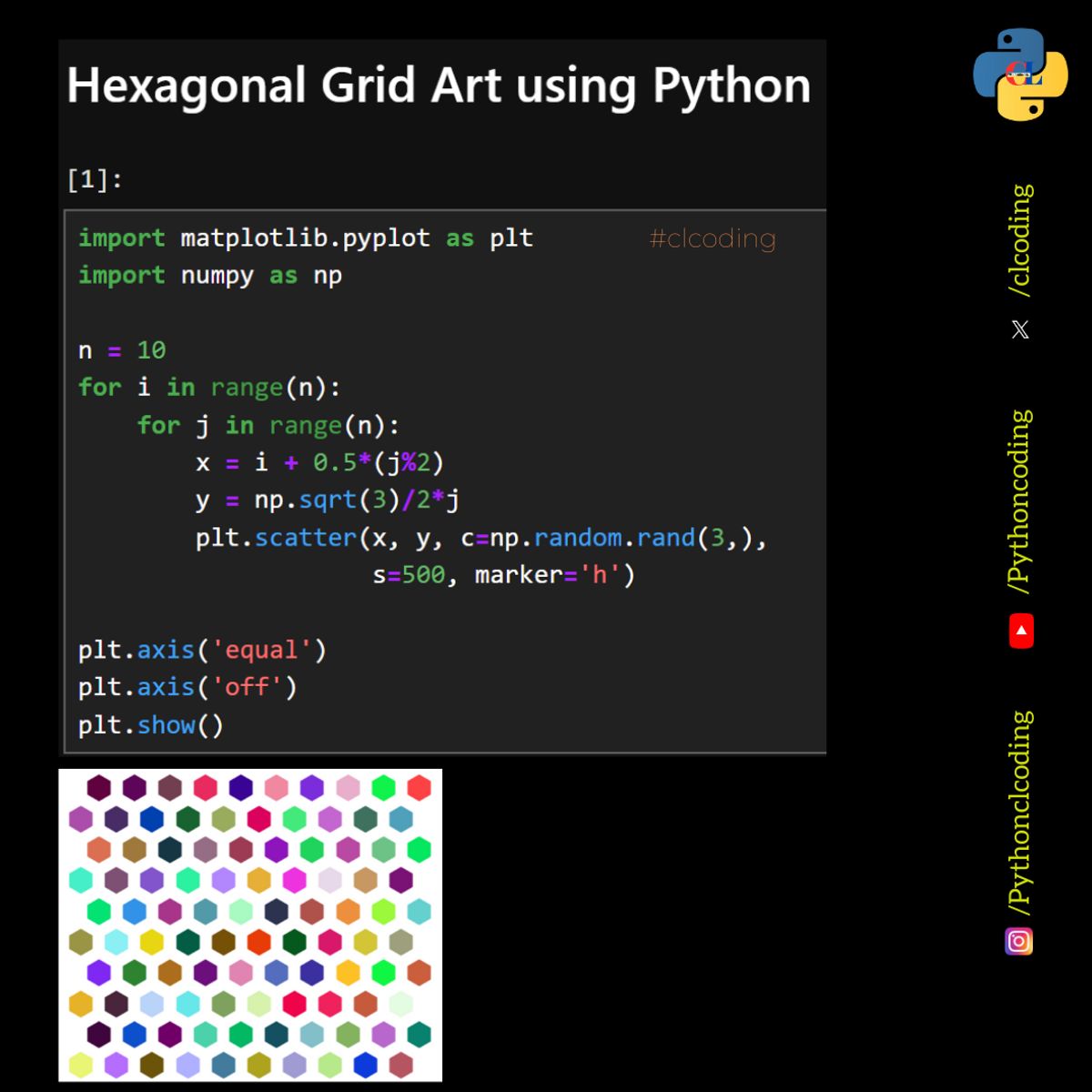 Hexagonal Grid Art using Python — Python Coding (CLCODING) - Buymeacoffee