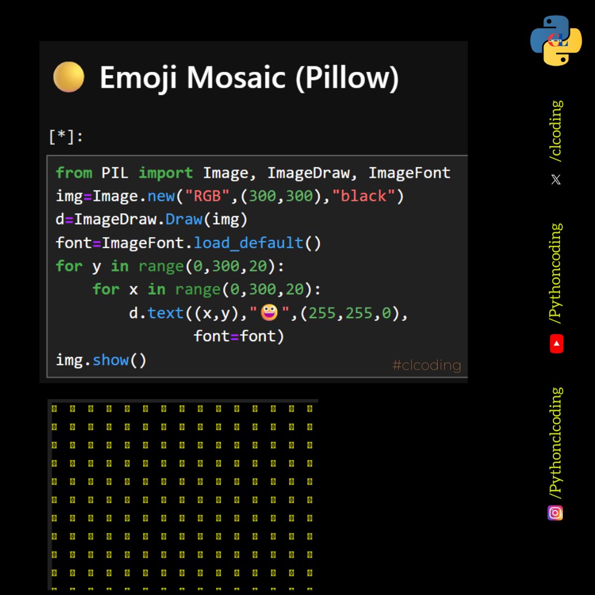 🟡 Emoji Mosaic (Pillow) — Python Coding (CLCODING) - Buymeacoffee
