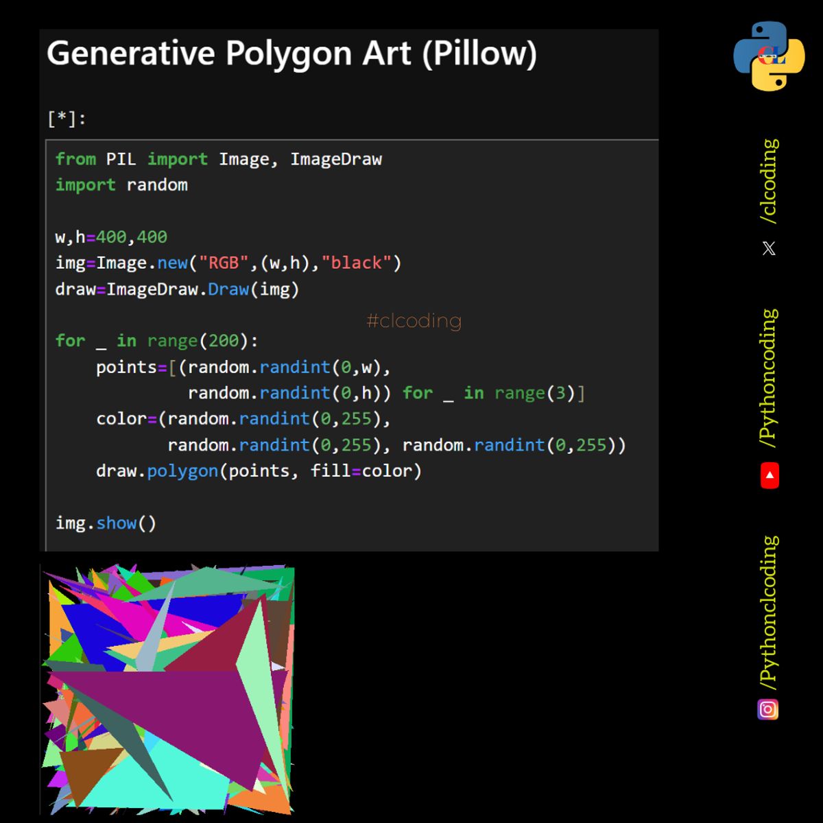 Generative Polygon Art (Pillow) — Python Coding (CLCODING) - Buymeacoffee