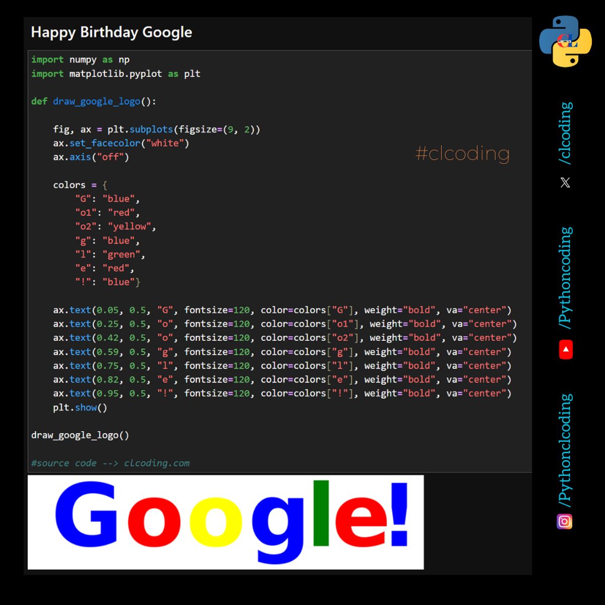 Happy Birthday Google — Python Coding (CLCODING) - Buymeacoffee
