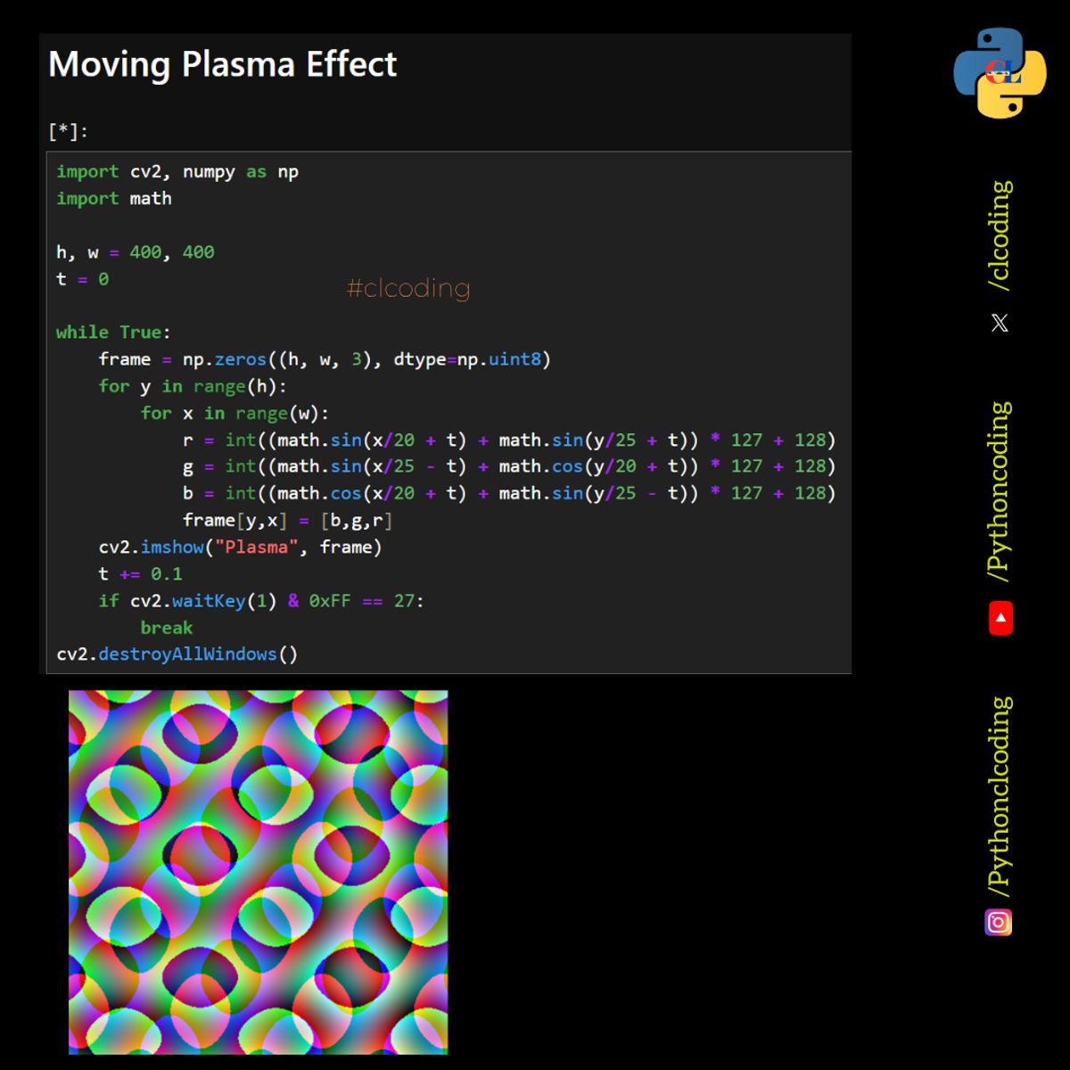 Moving Plasma Effect — Python Coding (CLCODING) - Buymeacoffee