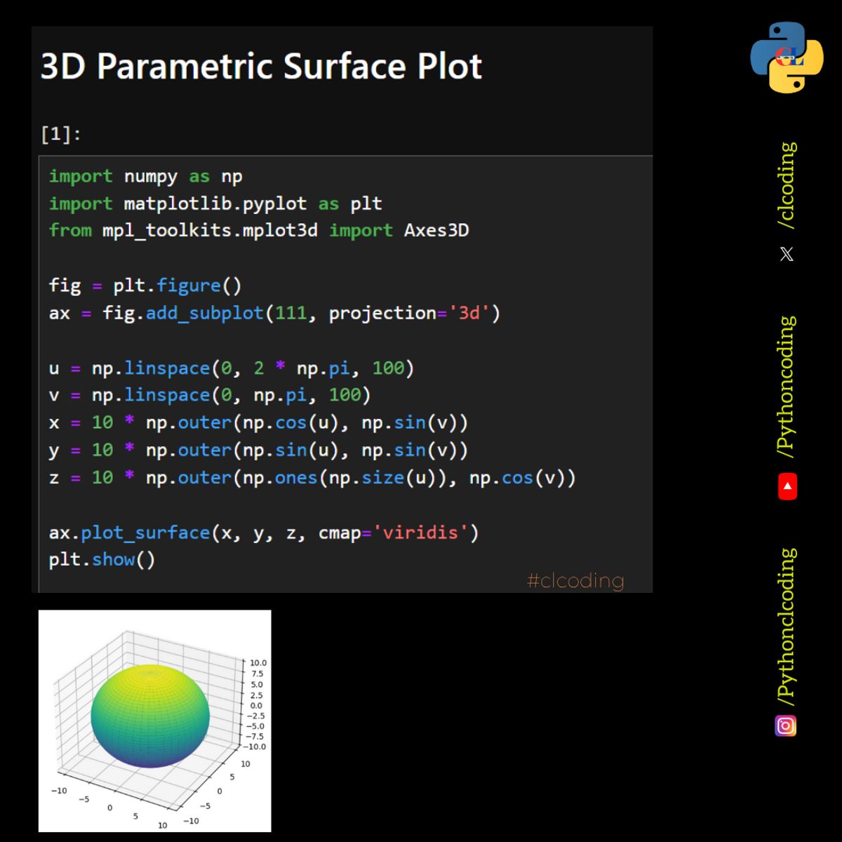 3D Parametric Surface Plot — Python Coding (CLCODING) - Buymeacoffee
