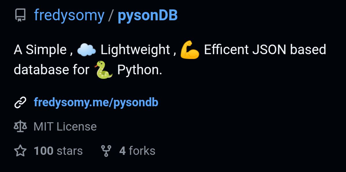 PysonDB hit 100🌟 on Github. — fredysomy - Buymeacoffee