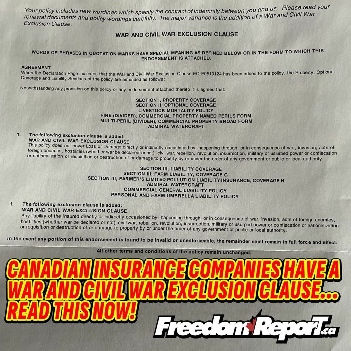CANADIAN INSURANCE COMPANIES HAVE A WAR AND A CIVIL WAR EXCLUSION ...