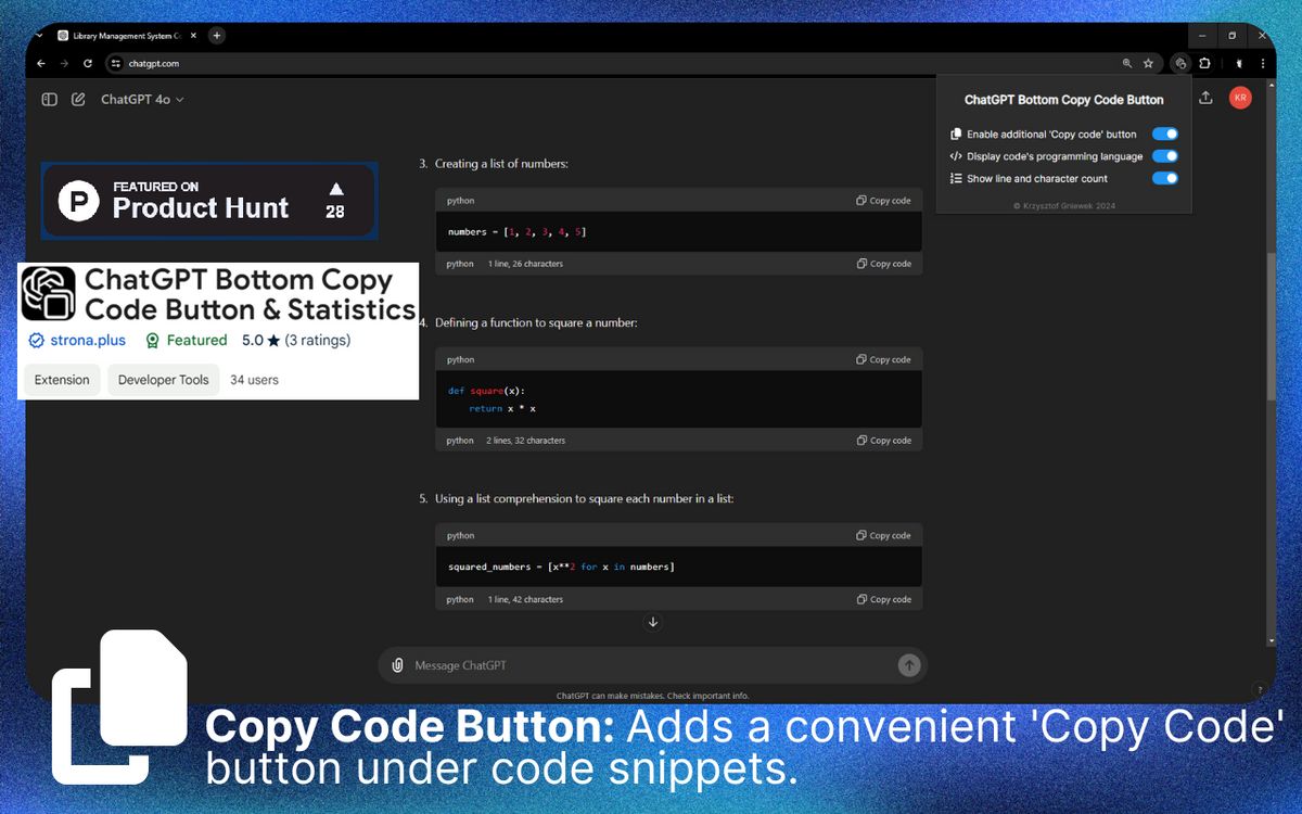 ChatGPT Bottom Copy Code Button & Statistics Browser Extension — Krzysztof Gniewek - Buymeacoffee