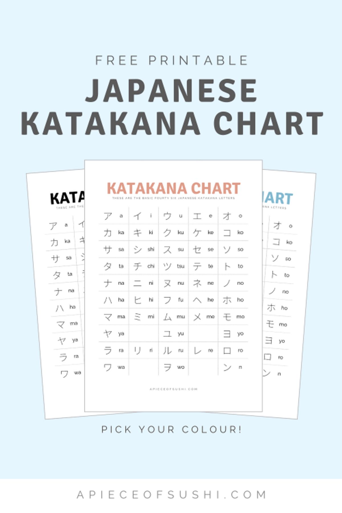 Katakana Chart + Download Free Printable PDF with 3 different colours ...
