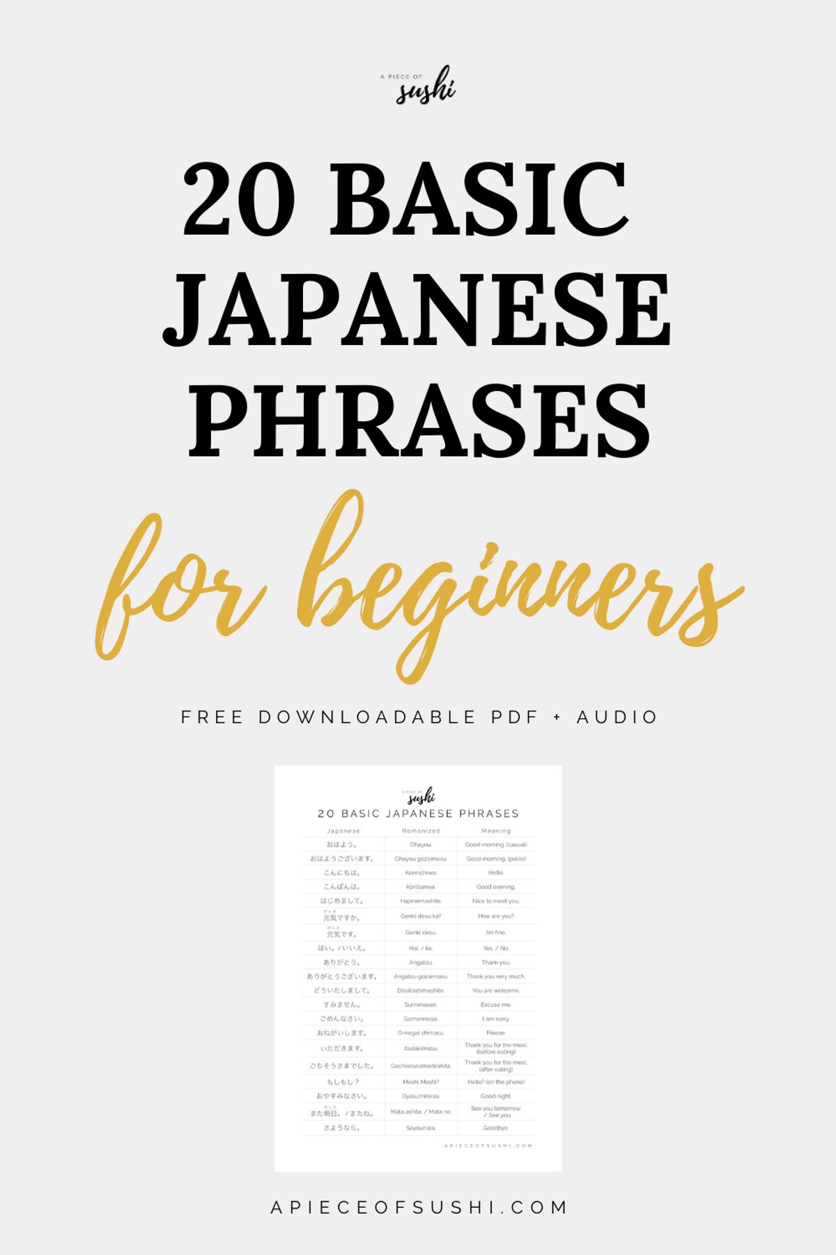 20 Basic Japanese Phrases for beginners Printable PDF + 🎧 — A PIECE OF ...