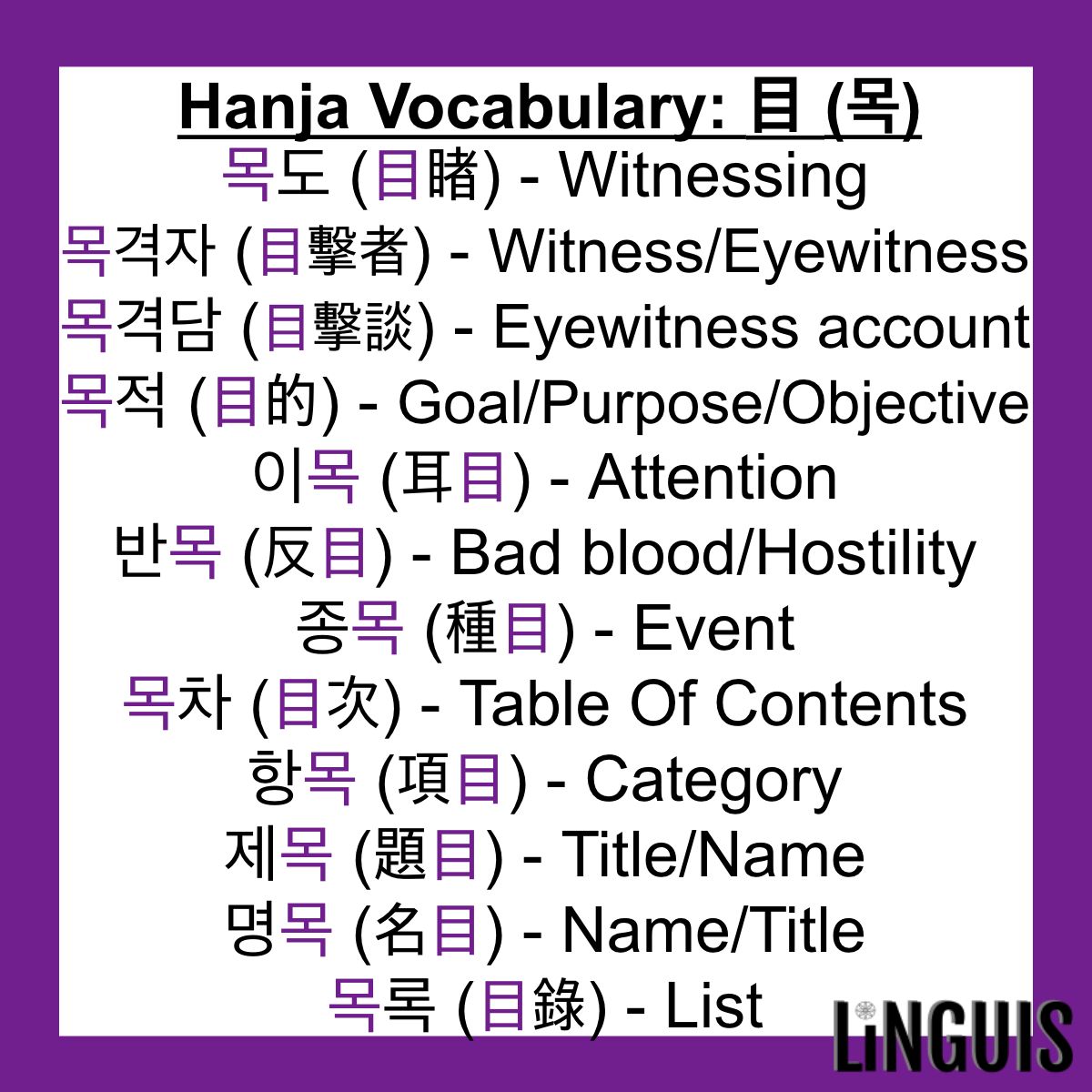 Here is Hanja Vocabulary: 目 (목)! — Linguis Learning - Buymeacoffee