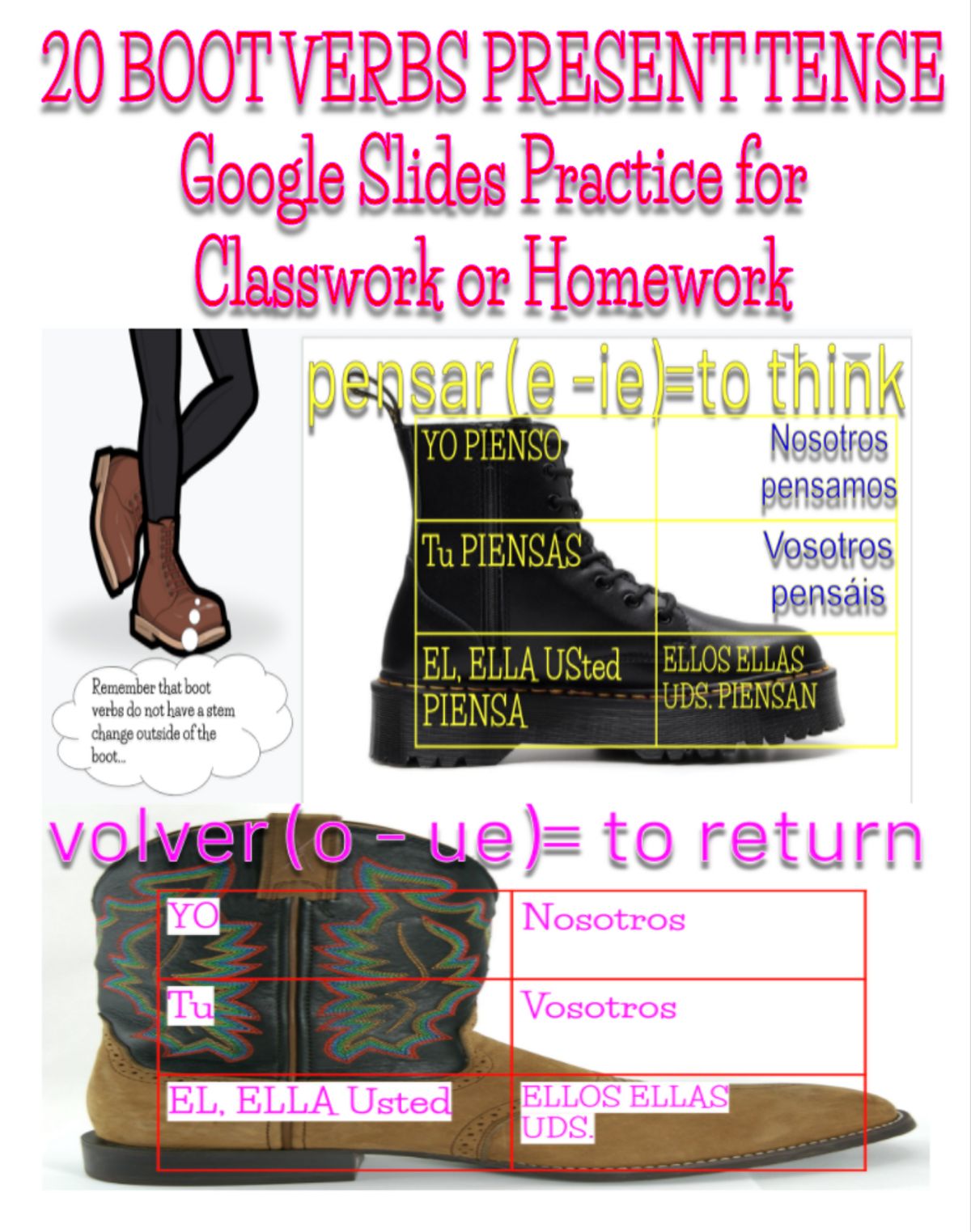 20 Essential Spanish Boot Verbs for Fun Classwork or Practice Google ...