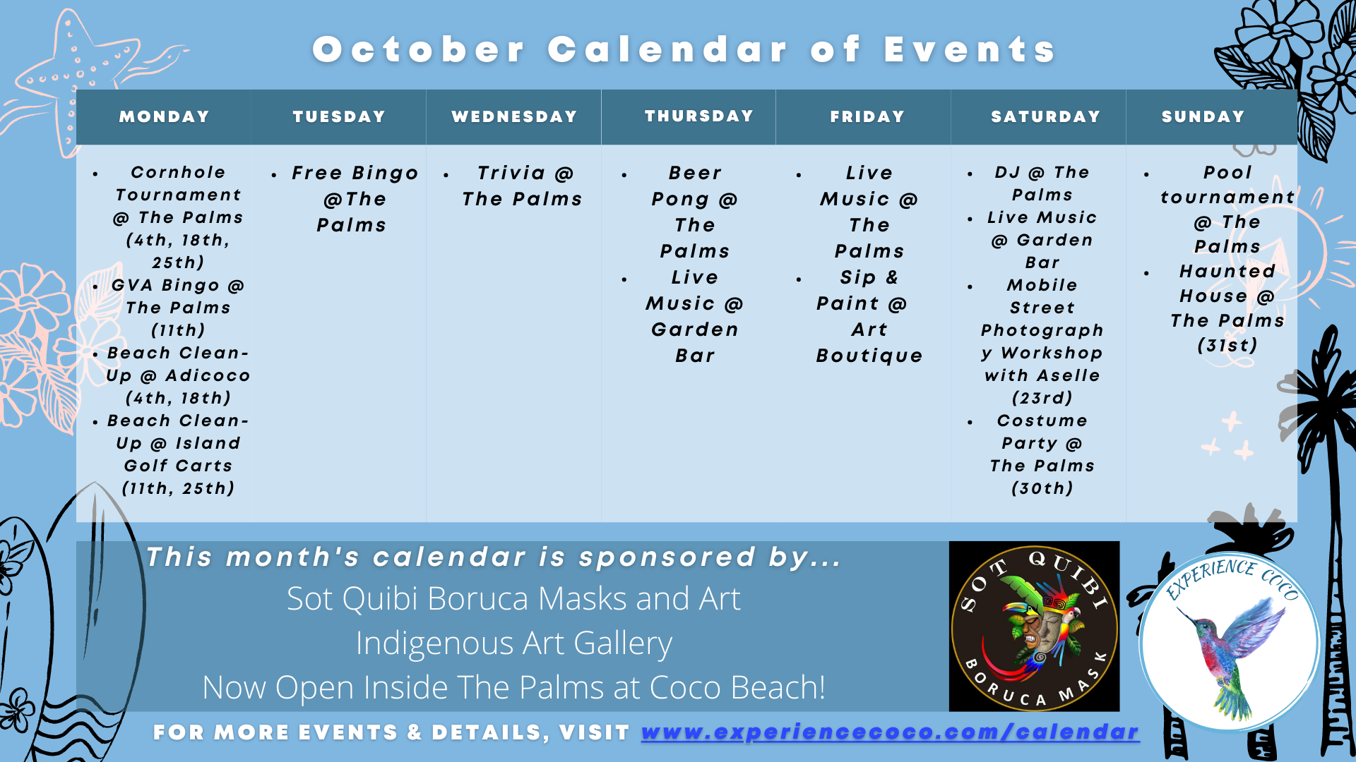 October Calendar of Events — Experience Coco - Buymeacoffee