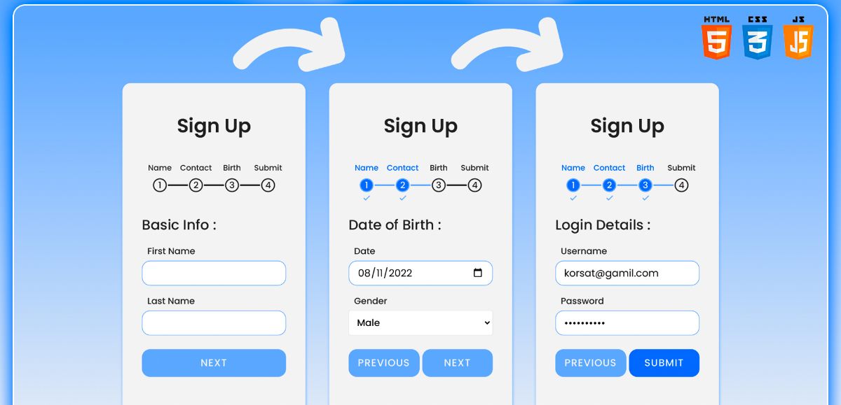 Multi Step Sign Up Form using Html CSS JavaScript - Buymeacoffee