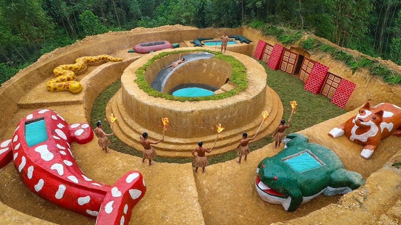 125 Days Building The Most Amazing Underground Water Slide Temple House ...