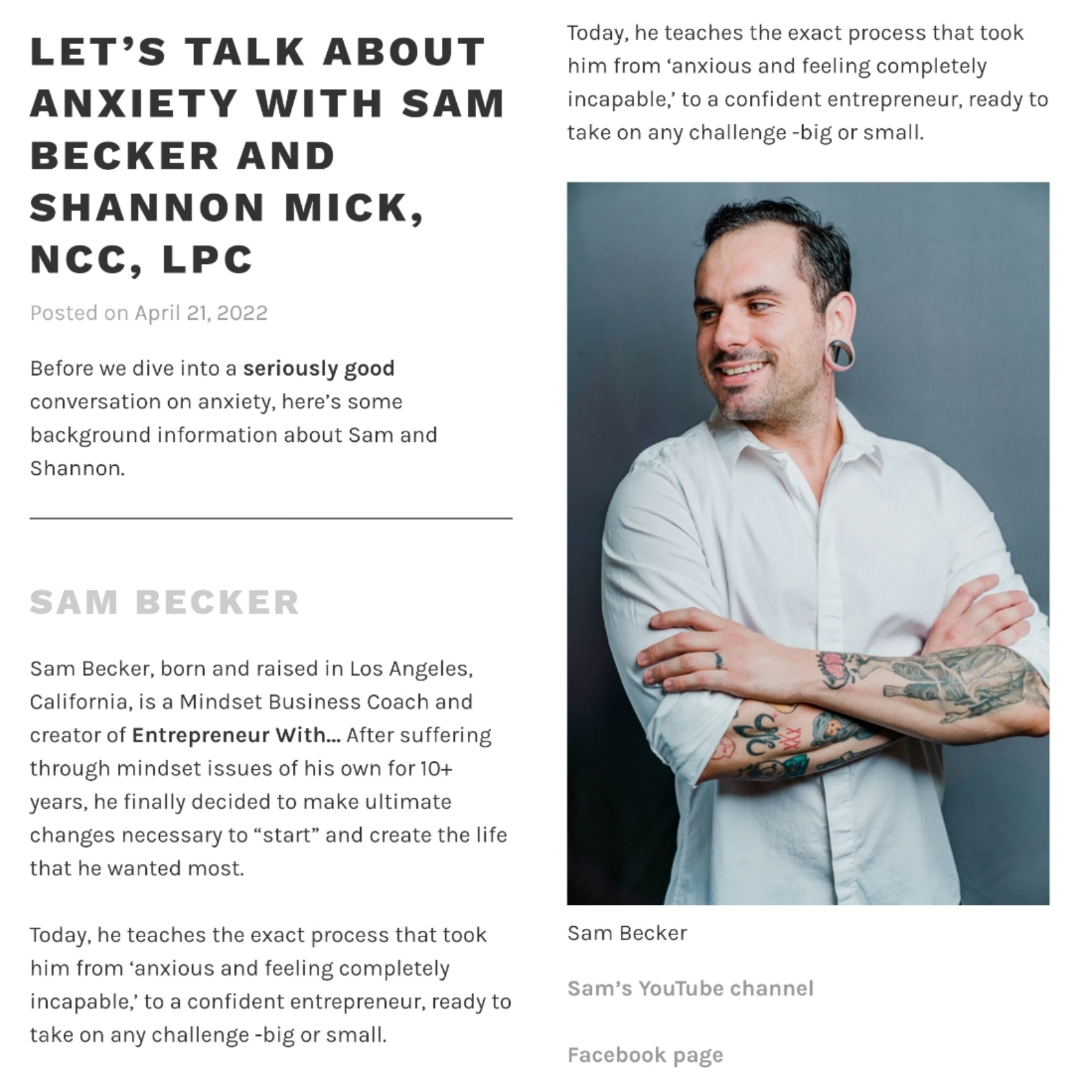 Let's Talk about Anxiety with Sam Becker and Shannon Mick, NCC, LPC — Shannon Mick - Buymeacoffee