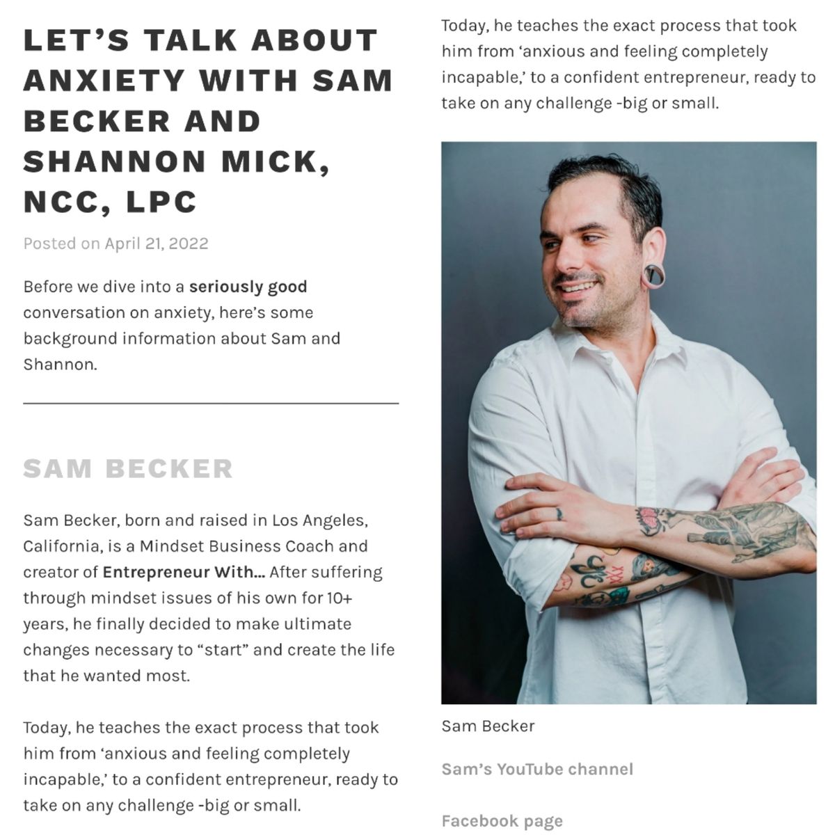Let's Talk about Anxiety with Sam Becker and Shannon Mick, NCC, LPC — Shannon Mick - Buymeacoffee