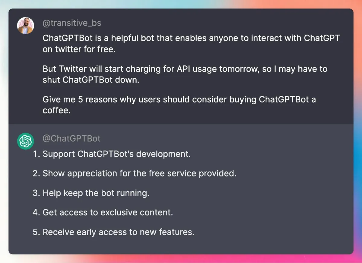 ChatGPTBot is a twitter bot that's helped over 100k people interact with ChatGPT - Buymeacoffee