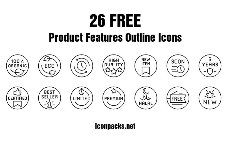26 Free product features SVG, PNG black outline icons. — Icon Packs