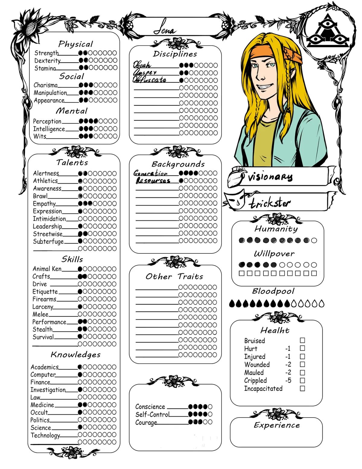Jena's character sheet and free character sheet design — Dym