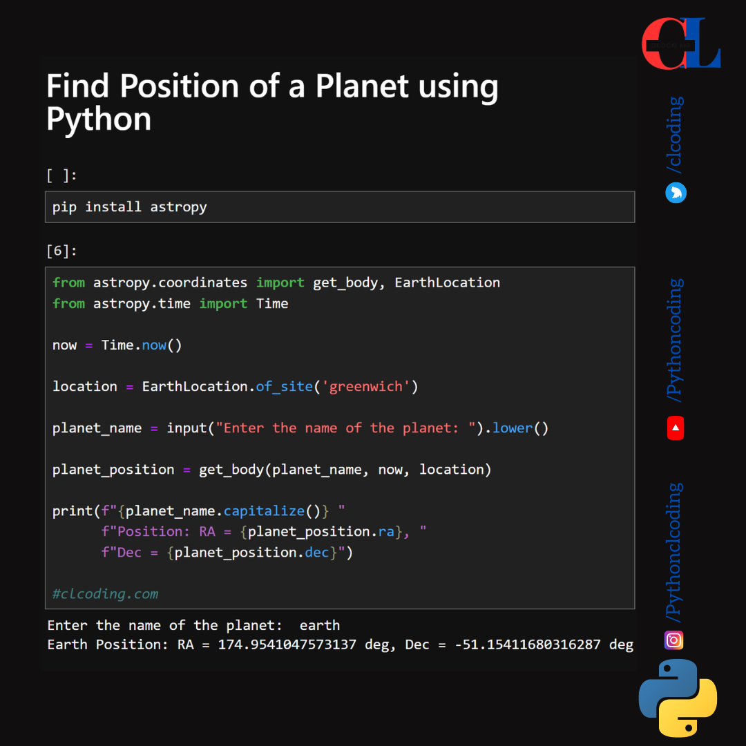 Find current position of a Planet using Python — python coding - Buymeacoffee