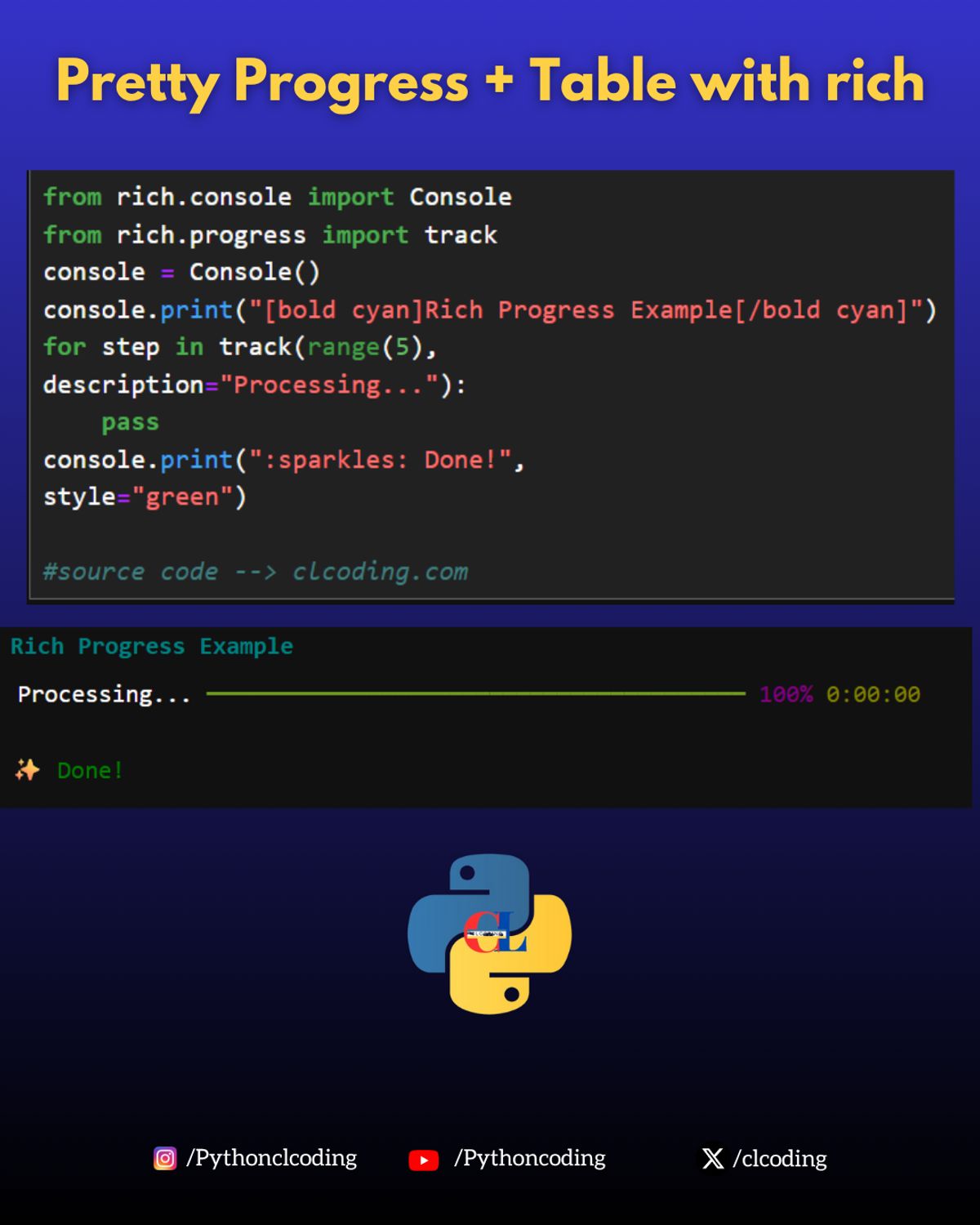 Pretty Progress + Table with rich — Python Coding (CLCODING) - Buymeacoffee