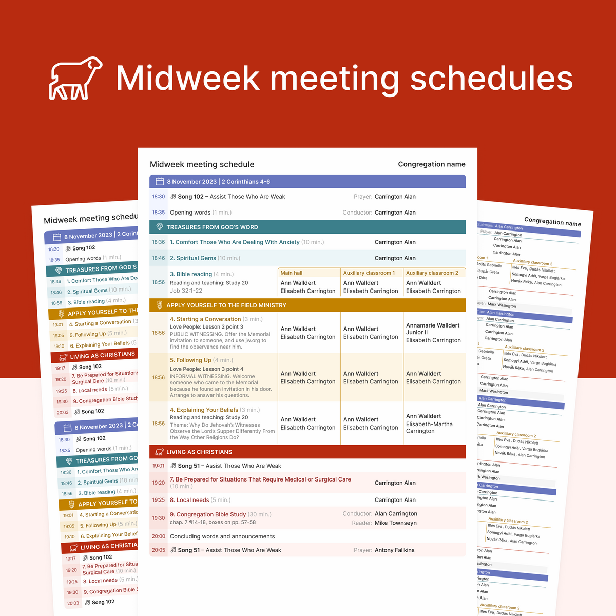 Midweek meeting schedules (3 size variations + up to 2 auxiliary ...