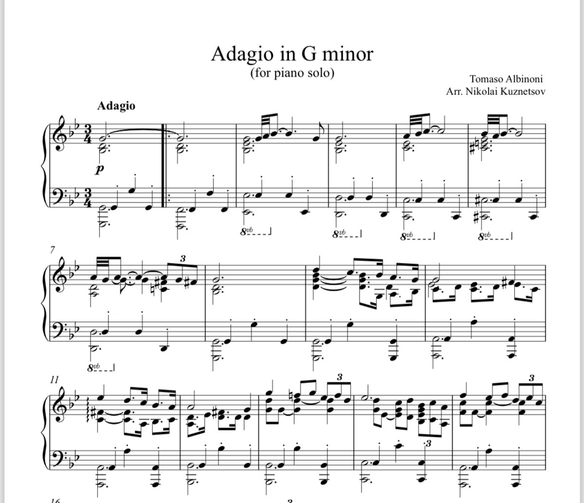 Albinoni Adagio in G minor, arr. Nikolai Kuznetsov (Piano Sheet Music) - Buymeacoffee