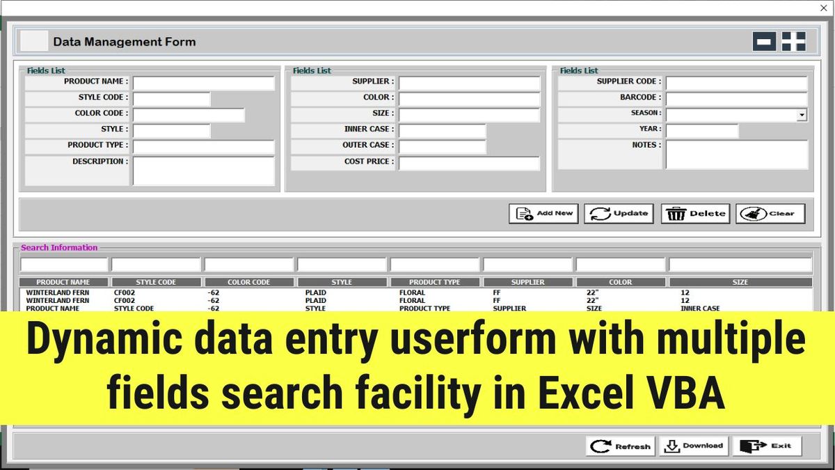 Dynamic Data Entry Userform With Multiple Fields Search Facility In Excel Vba Free Trial