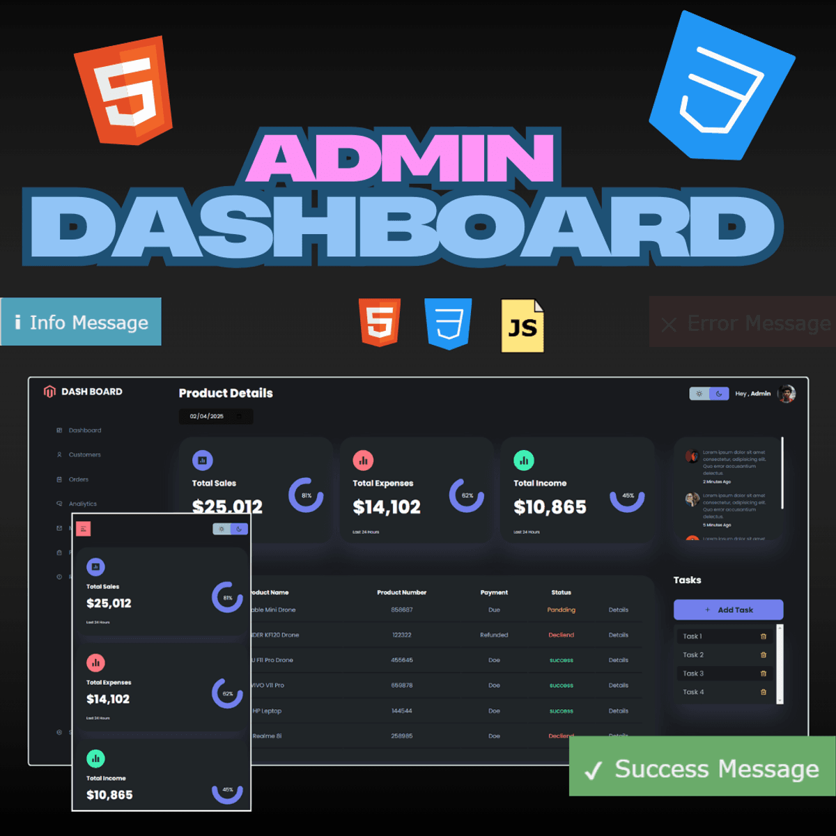 Responsive Admin Dashboard HTML CSS and JavaScript Dashboard HTML CSS — K2infocom - Buymeacoffee