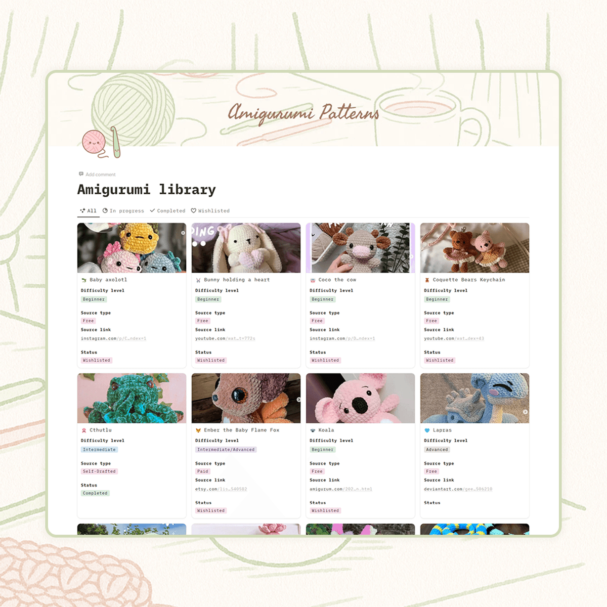 Personal Amigurumi Library Template - Buymeacoffee