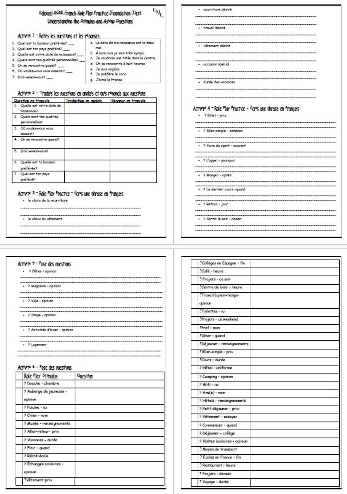 GCSE French Role Play Practice (Edexcel Foundation Tier, 2016) Speaking ...