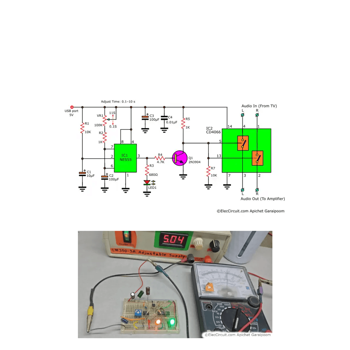 TV Audio Delay Circuit using CD4066 & NE555 to Stop Pop Noise